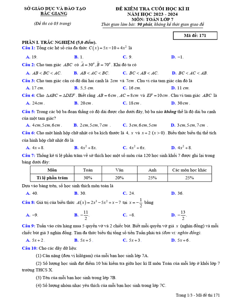 De Kiem Tra Cuoi Hoc Ki 2 Toan 7 Nam 2023 2024 So GDDT Bac Giang | PDF