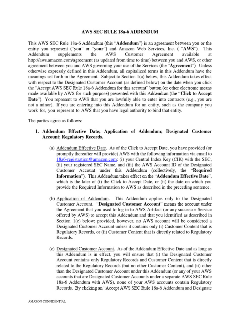 AWS SEC Rule 18a-6 Addendum | PDF | Amazon Web Services | U.S. Securities And Exchange Commission