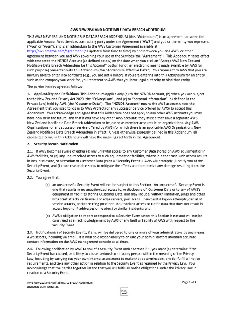 AWS New Zealand Notifiable Data Breach Addendum | PDF | Amazon Web ...