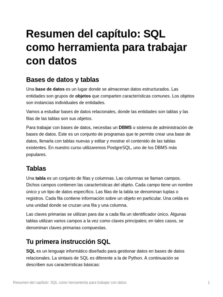 Resumen Del Captulo SQL Como Herramienta para Trabajar Con Datos | PDF ...