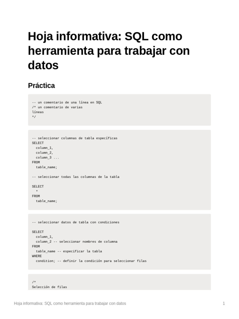Hoja Informativa SQL Como Herramienta para Trabajar Con Datos | PDF | Bases de datos | SQL