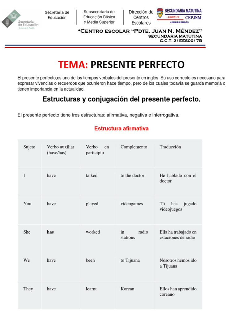 Apunte Presente Perfecto Unido 3 | PDF | Verbo | Sintaxis