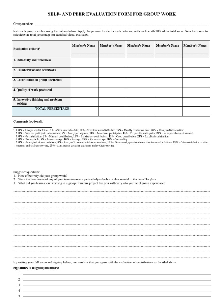 Self - and Peer Evaluation Form For Groupwork 2 | PDF | Creativity ...