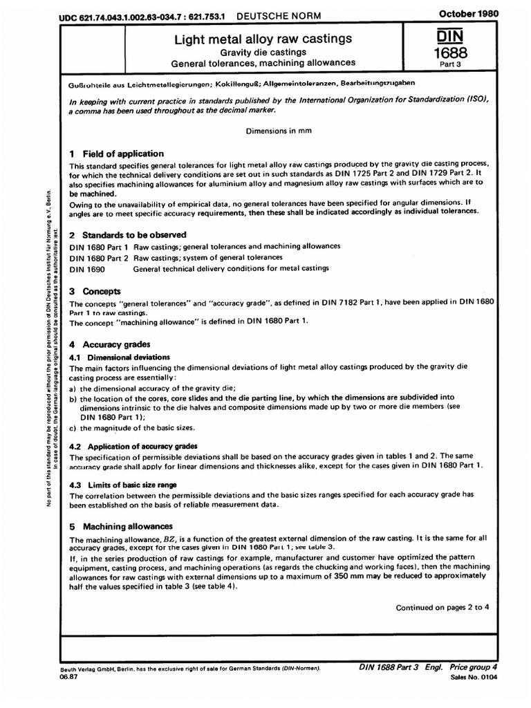 DIN1688-3 - Gravtiy Die Casting Tolerance | PDF