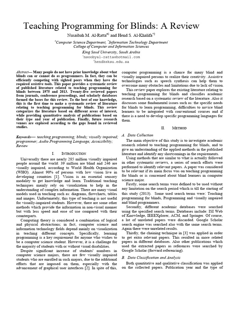 Teaching Programming For Blinds A Review | PDF | Visual Impairment | Computer Programming