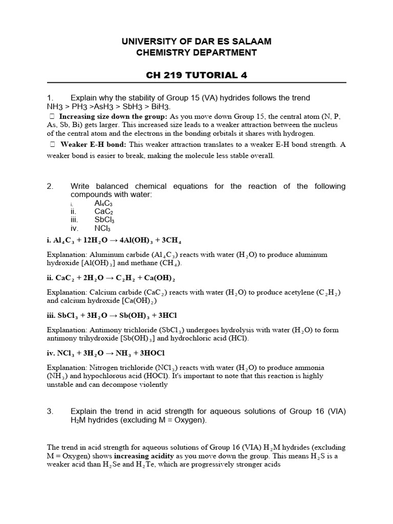 CH 219 TUTORIAL 4 SOLVED BY Facilitator | PDF | Chemical Bond | Nitrogen