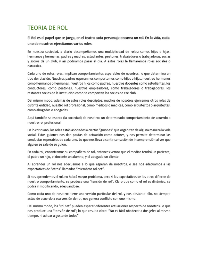 Teoría de Rol | PDF | Sicología | Psicología Social