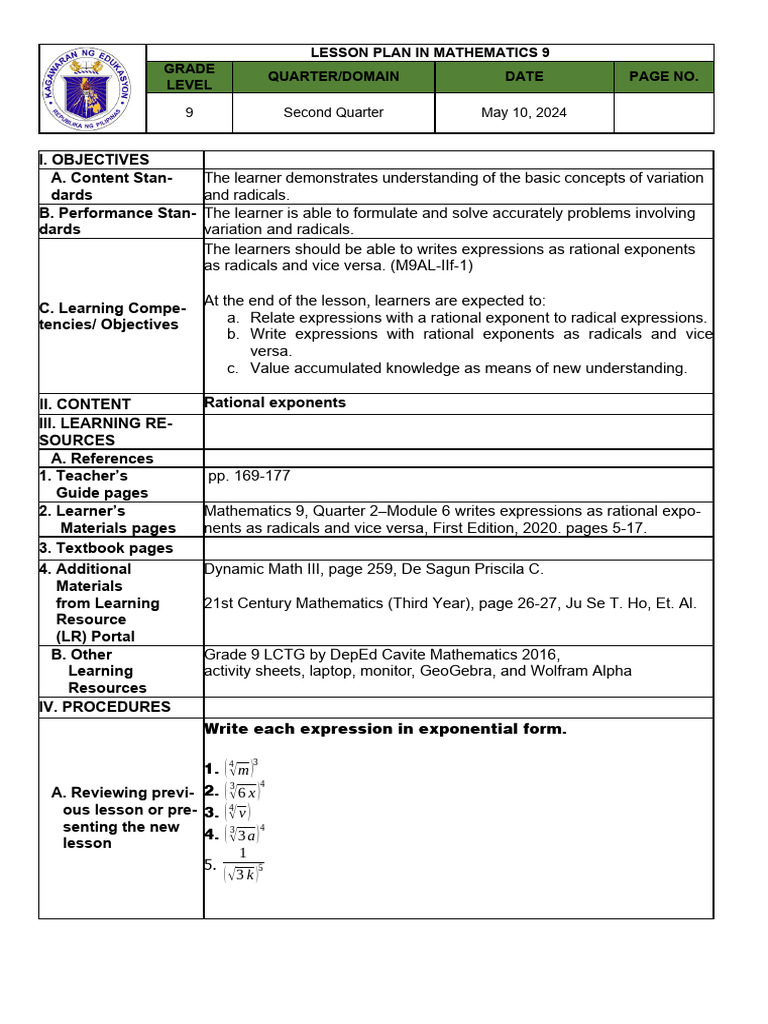 Lesson Plan (Revised) | PDF | Learning | Exponentiation