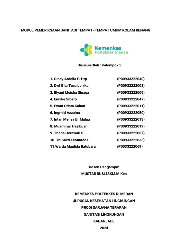 Modul Pemeriksaan Sanitasi Kolam Renang Kel 3 (2 | PDF