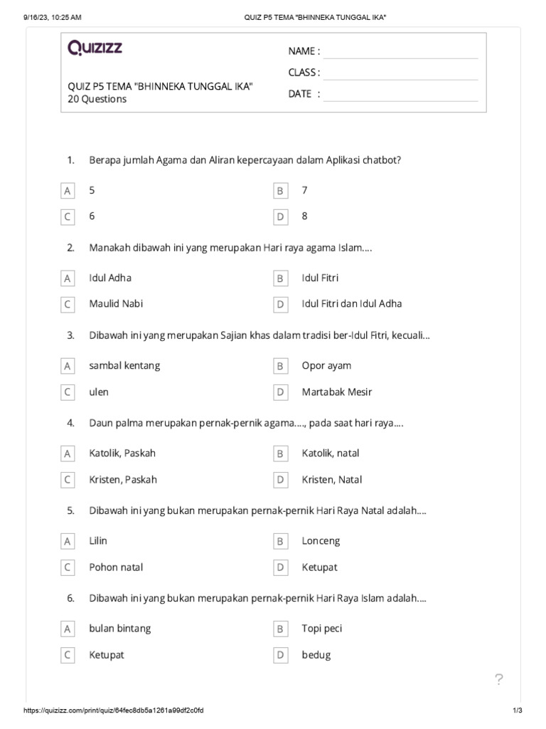 Quiz P5 Tema - Bhinneka Tunggal Ika | PDF
