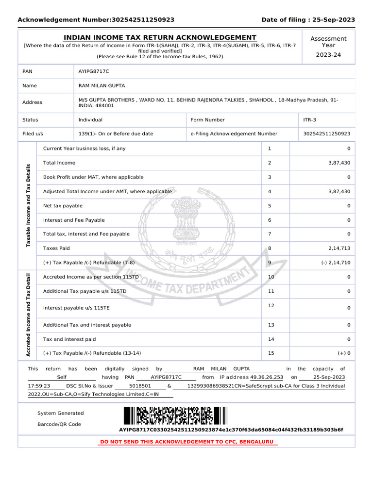 Acknowledgement PDF ITR3 | PDF | Wealth | Personal Finance