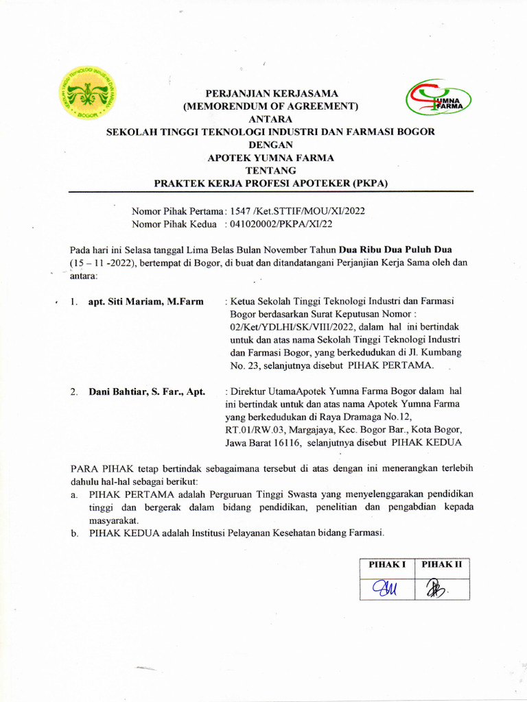 Mou PKPA Apotek Yumna Farma | PDF