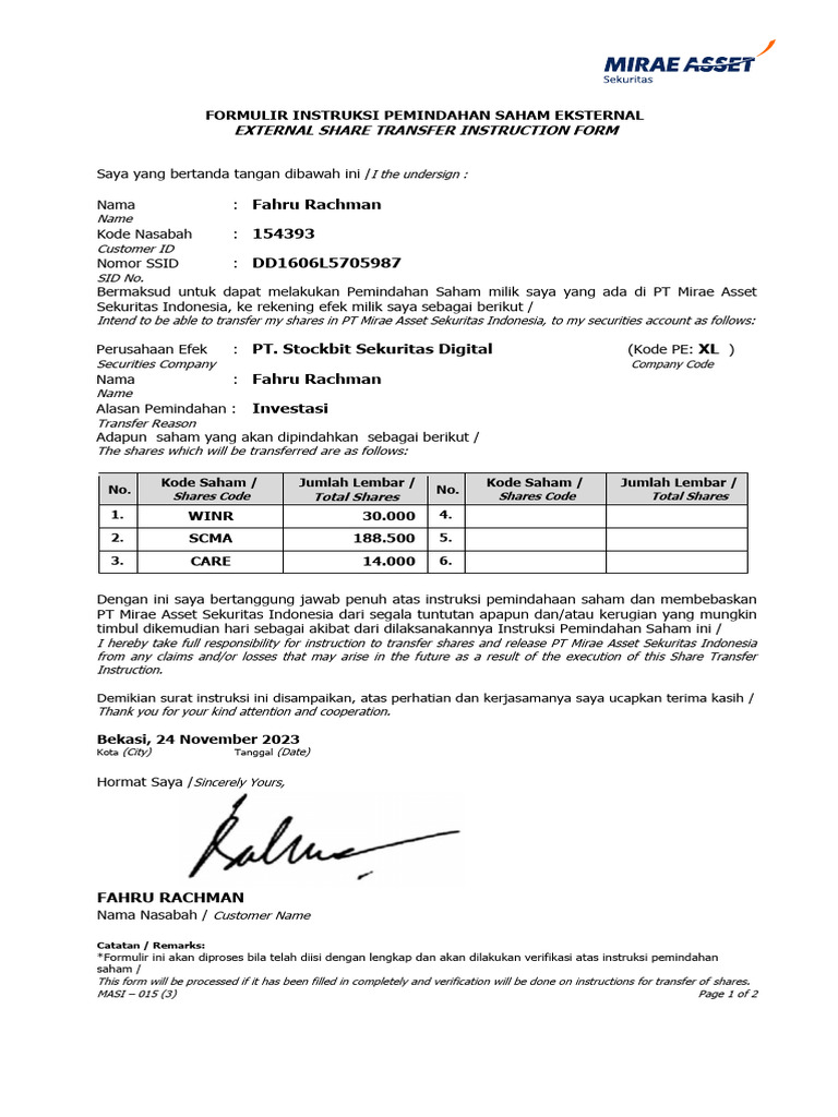 Formulir Instruksi Pemindahan Saham Eksternal | PDF | Pengelolaan ...
