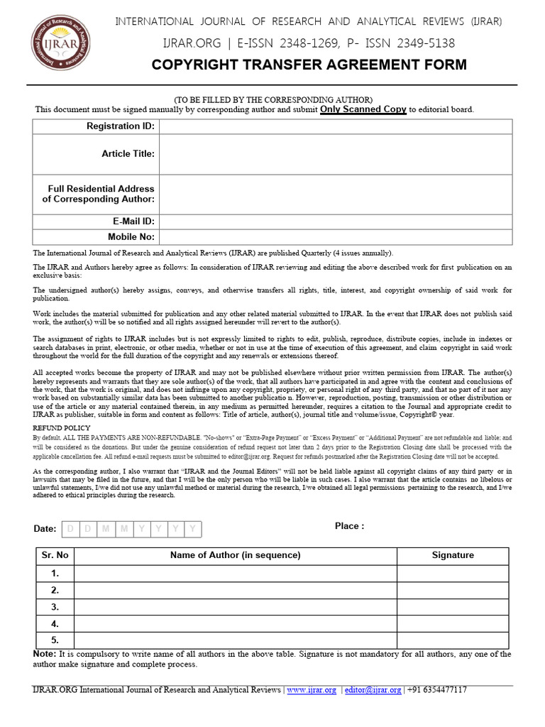 IJRAR CopyrightTransferForm | PDF | Copyright | Monopoly (Economics)