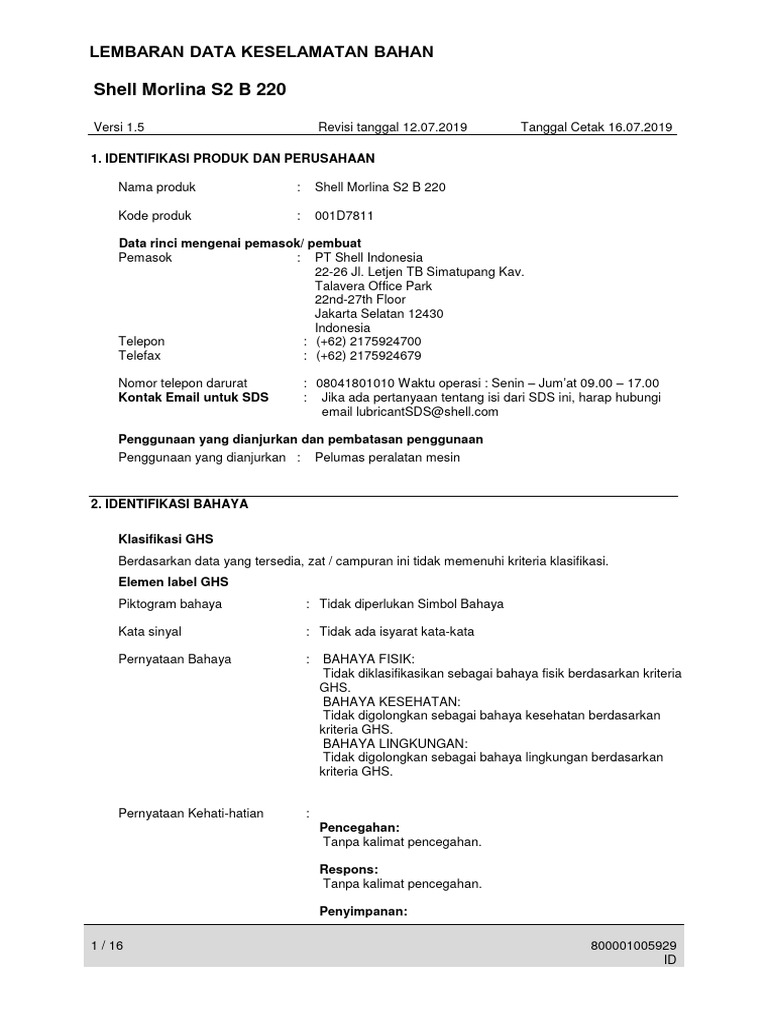 Shell Morlina S2 B 220 MSDS | PDF
