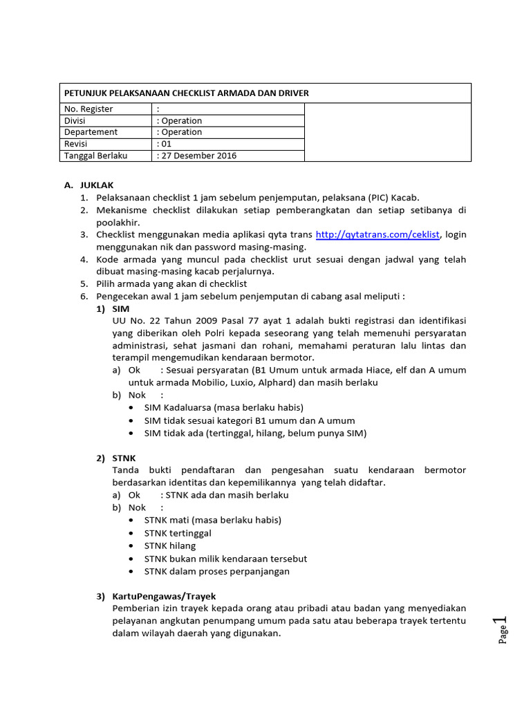 Petunjuk Pelaksanaan Checklist Armada Kendaraan | PDF | Griya & Taman | Teknologi & Rekayasa