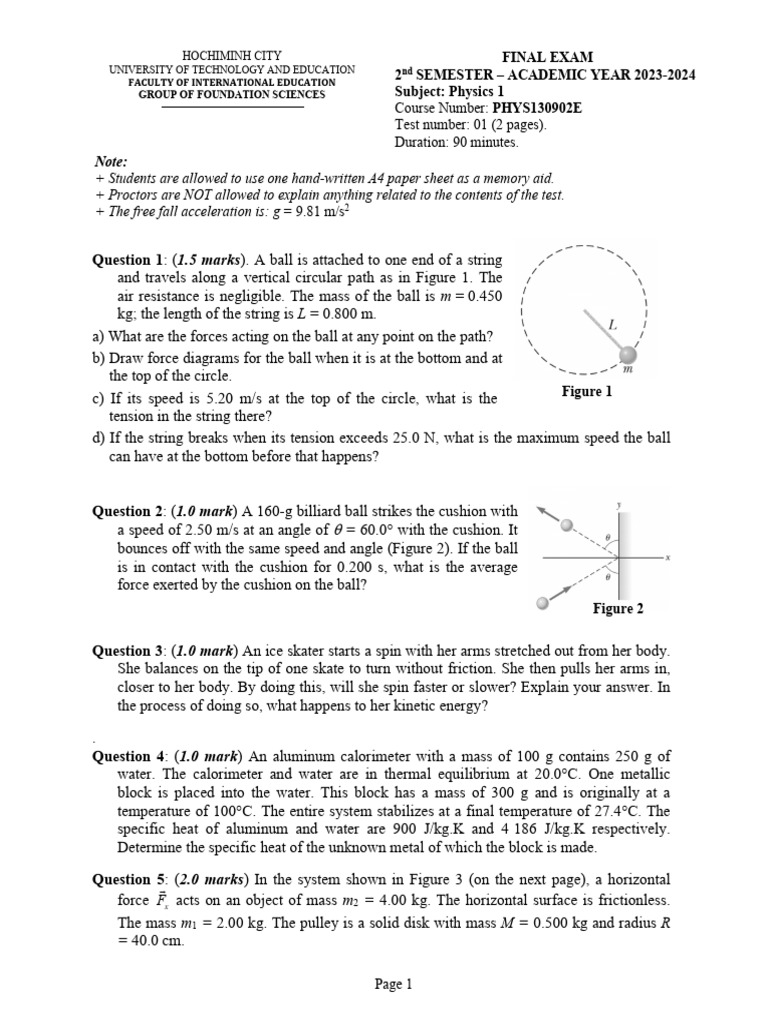Physics 1 Final Exam 2023-2024 | PDF | Force | Mass