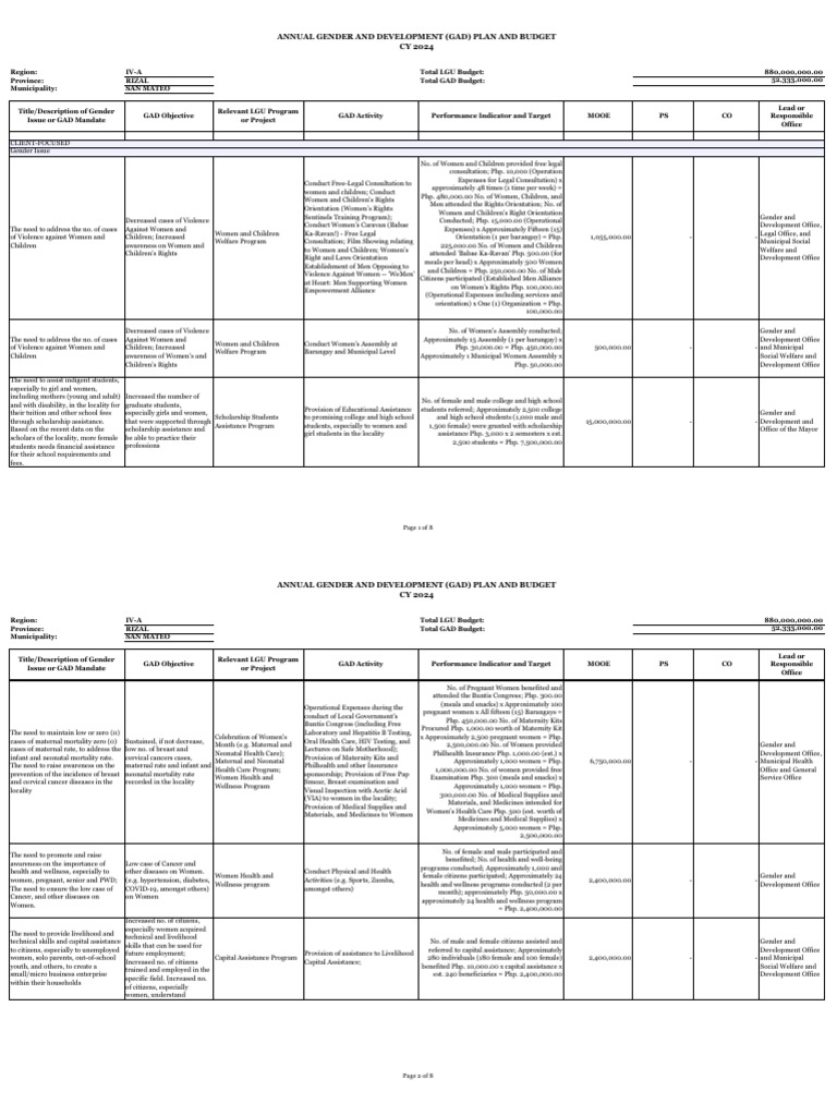 2024-Gender and Development-Plan and Budget | PDF | Physical Examination