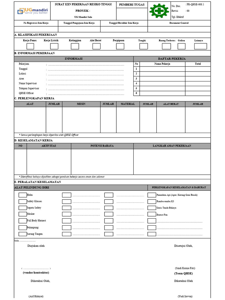 FORM-QHSE-036 Surat Izin Pekerjaan Resiko Tinggi | PDF