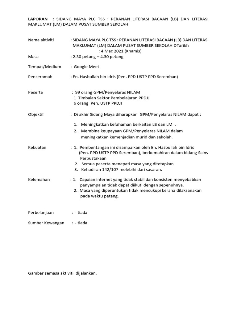 Laporan Aktiviti Sidang Maya PLC TSS Peranan LB Dan LM Dalam PSS | PDF