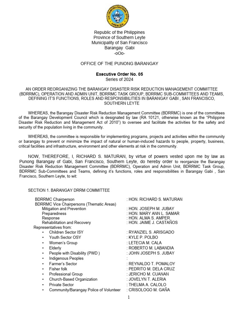 EO no. 5 BDRRMC 2024 | PDF | Disaster Risk Reduction | Emergency Management