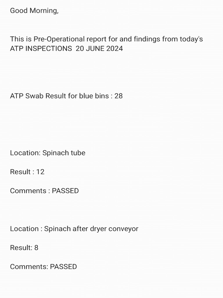 Atp Swab Results For 20 June 2024 | PDF