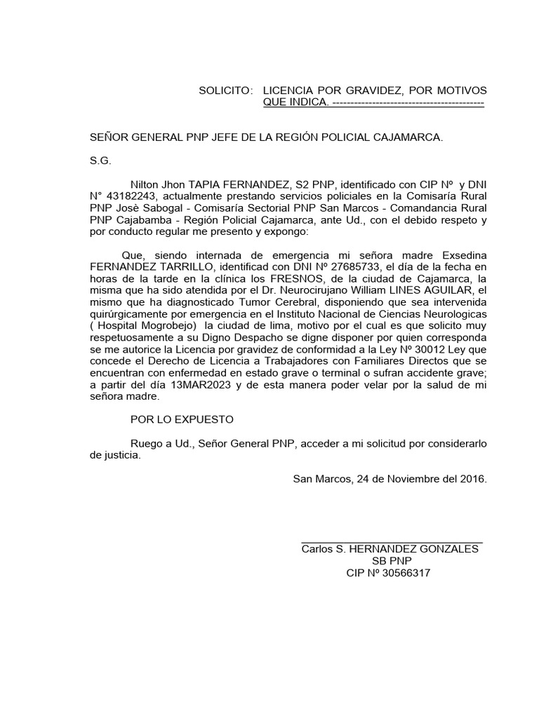 SOLICITUD LICENCIA POR GRAVIDEZ DE FAMILIAR | PDF