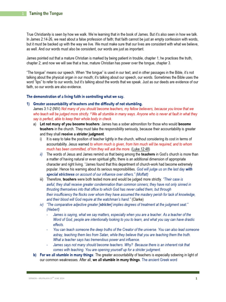 Taming The Tongue (James 3 1-12) | PDF | Sin | Jesus