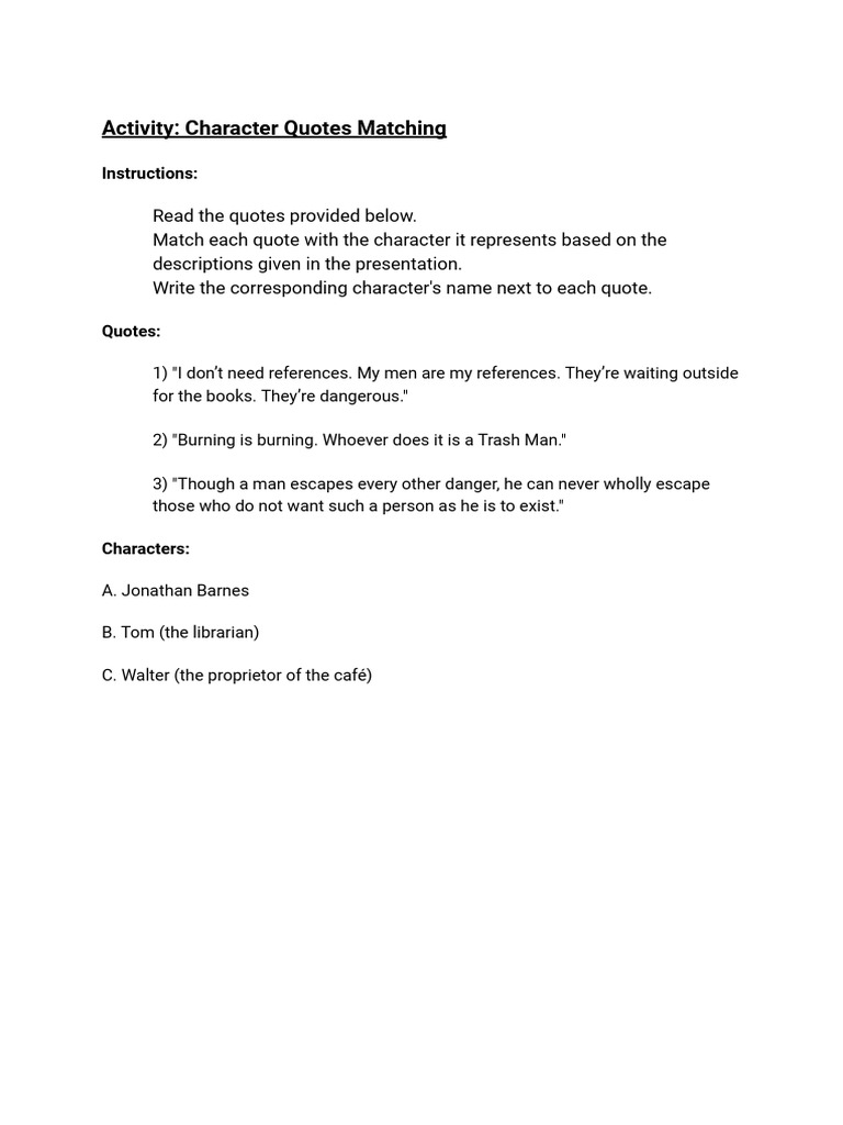Activity - Character Quotes Matching | PDF | General Fiction