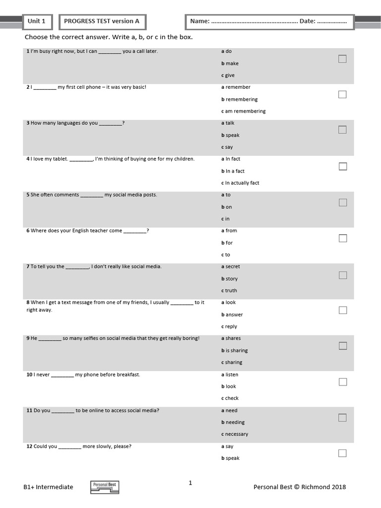 PB AmE B1 Unit Test U1 Version A | PDF