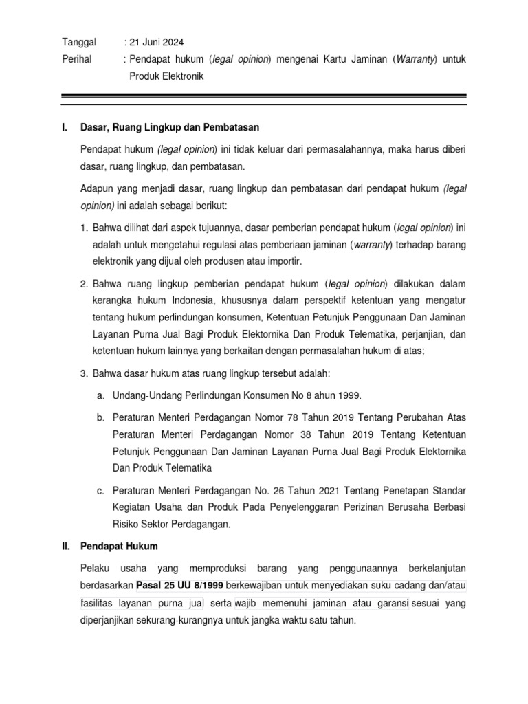Legal Opini Terkait Warranty | PDF | Pengelolaan Keuangan & Uang