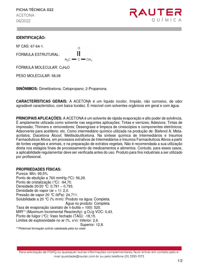 Acetona Ficha Tecnica 022 Rev 04 | PDF | Química Física | Substancias químicas