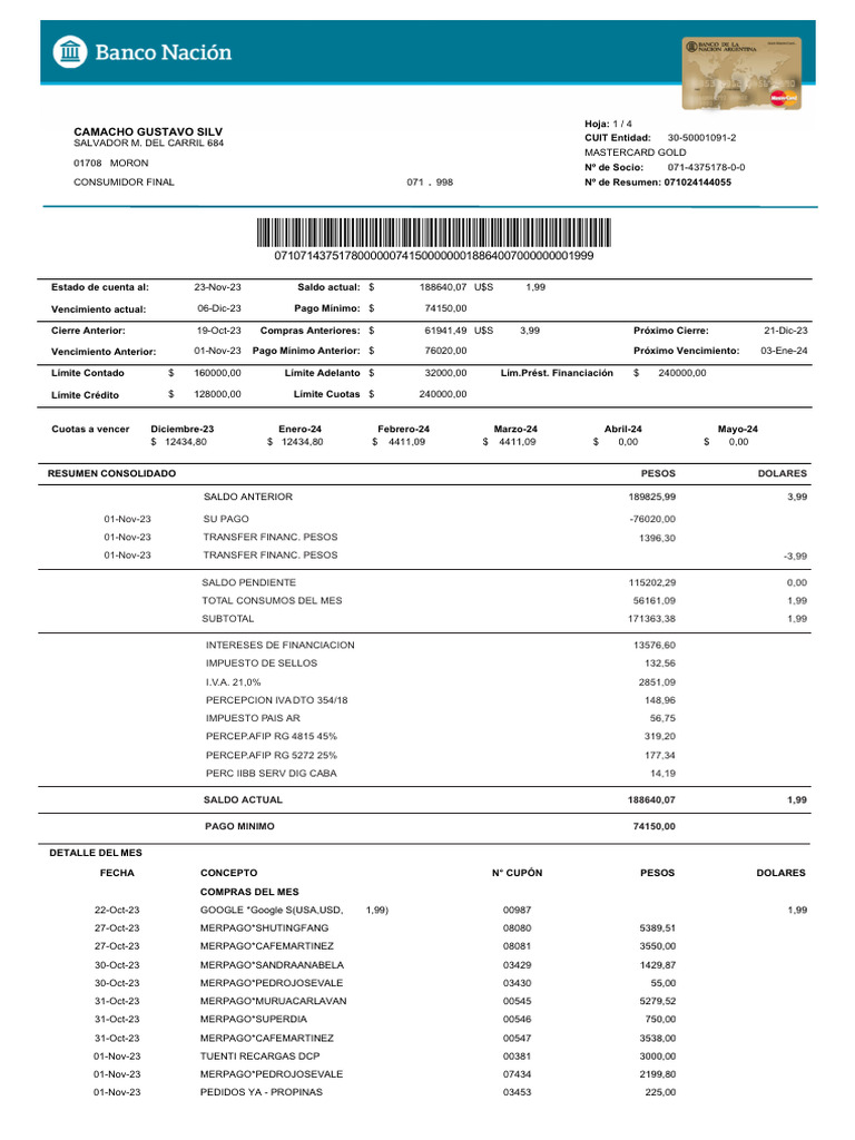 Resumen de Cuenta Mastercard Nov 2023 | PDF | Tarjeta de crédito | Crédito