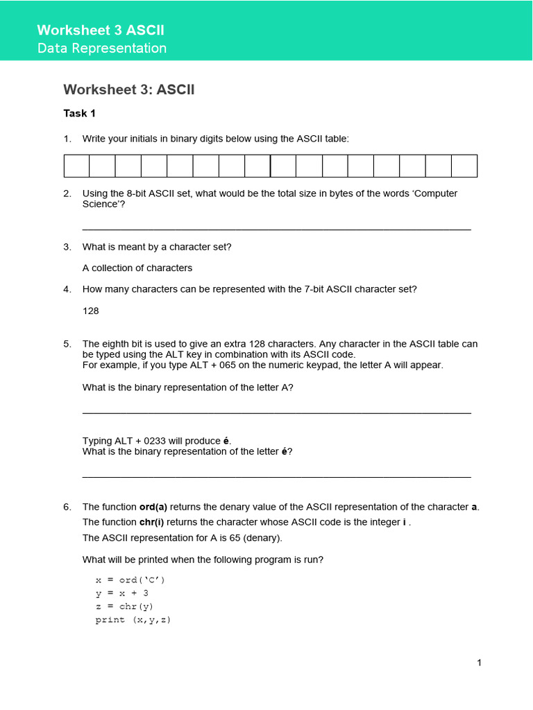 Lesson 113a Resource Worksheet 3 Data Storage Text Pdf Integer Computer Science Ascii