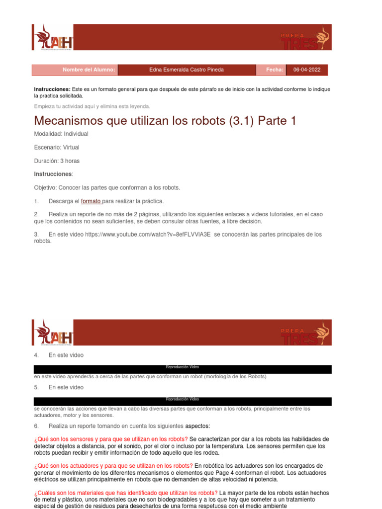 U3 - A1 Mecanismos Que Utilizan Los Robots Parte 1. | PDF | Robot ...