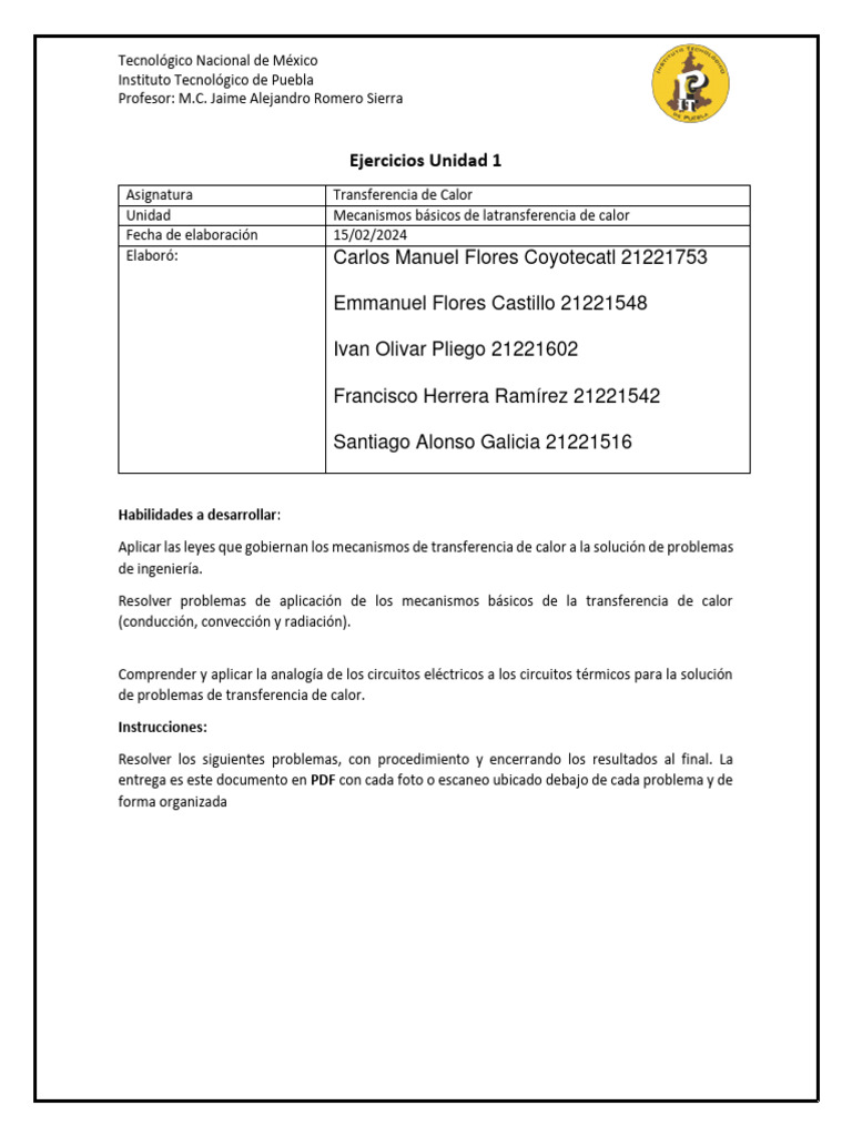 Ejercicios U1 Transferencia de Calor | PDF | Transferencia de calor | Calor