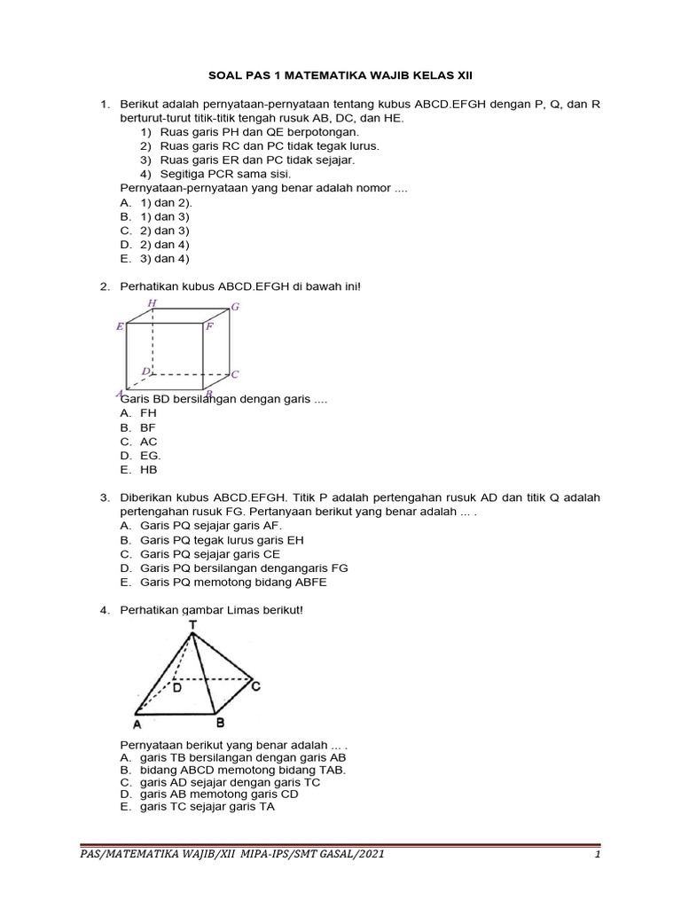 SOAL PAS 1 MATEMATIKA WAJIB KELAS XII (2021-2022) | PDF