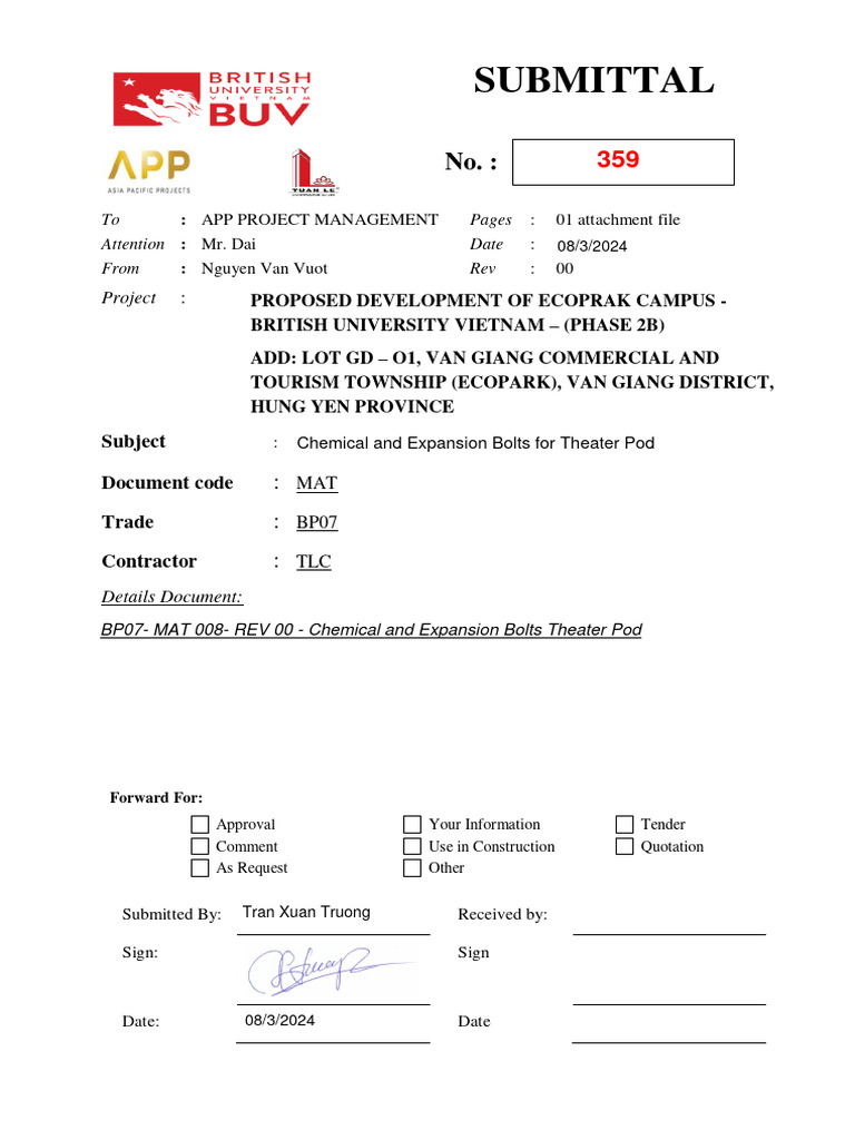 BP07-MAT 008-REV 00-Chemical and Expansion Bolts-Theater Pod | PDF | Materials | Building ...