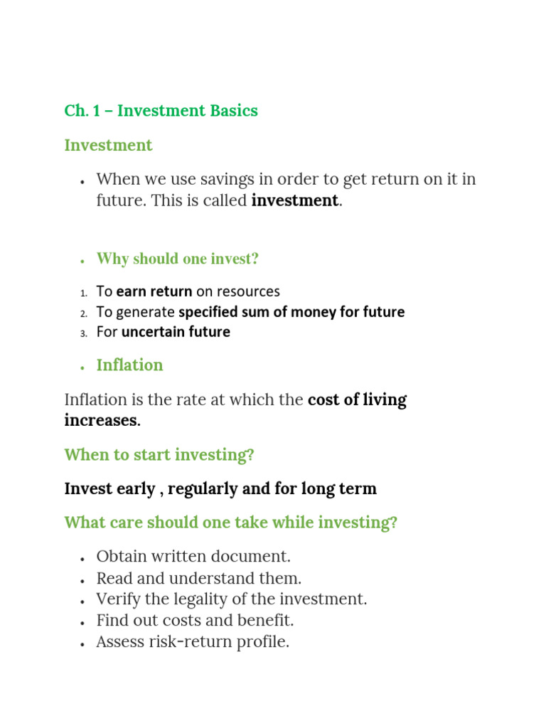 FMM Investment Basics Notes | PDF | Cost Of Living | Securities (Finance)