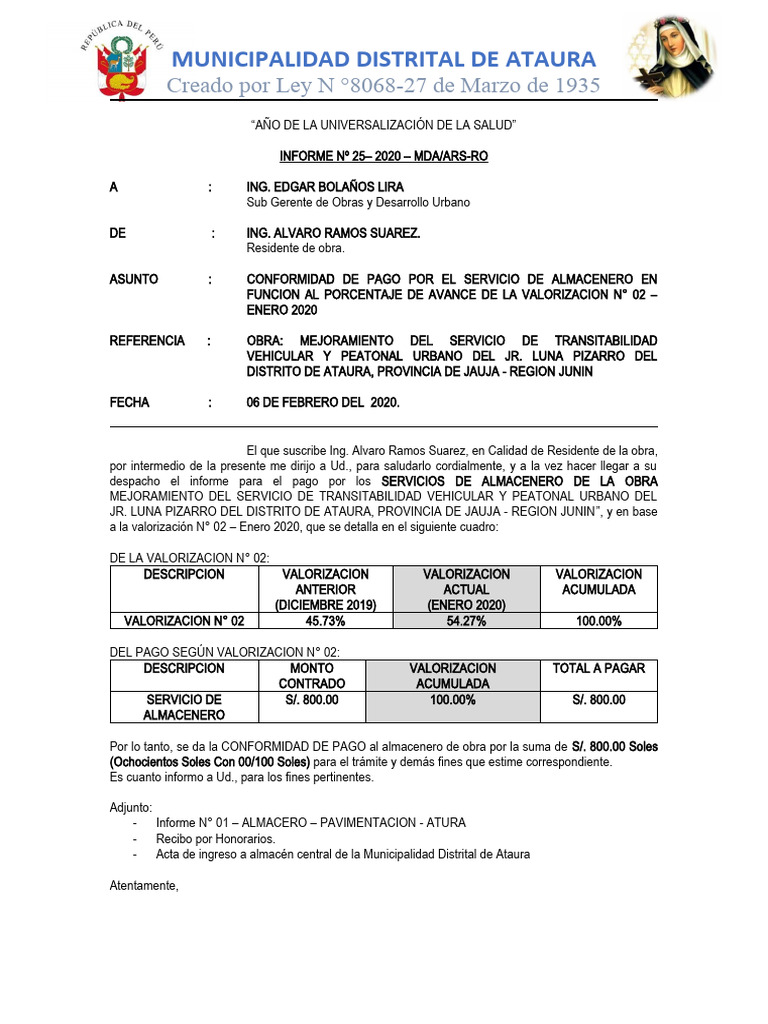 Informe #25 - Pago Almacenero | PDF