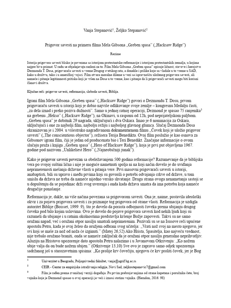 Prigovor Savesti Na Primeru Filma Mela Gibsona | PDF