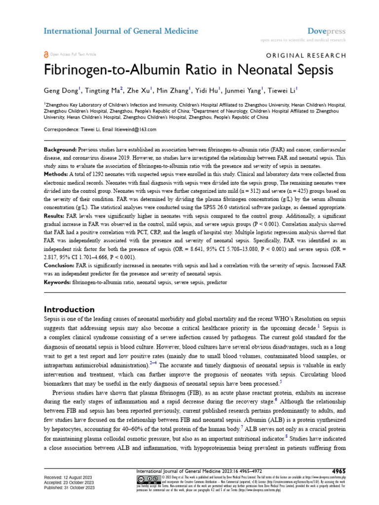 Fibrinogen-to-Albumin Ratio in Neonatal Sepsis | PDF | Sepsis | Blood ...