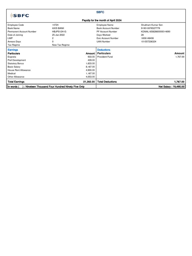 Payslip 2024 2025 4 14724 SBFC | PDF