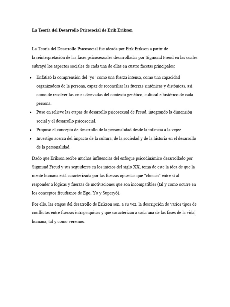 La Teoría Del Desarrollo Psicosocial de Erik Erikson | PDF | Sigmund Freud | Carné de identidad