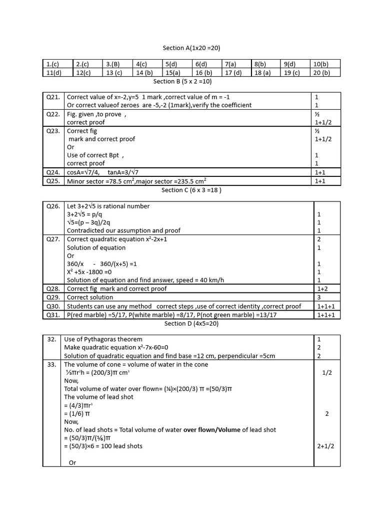 KV Class 10 Pre Board Mock Question Paper Marking Scheme MATHS (Basic ...
