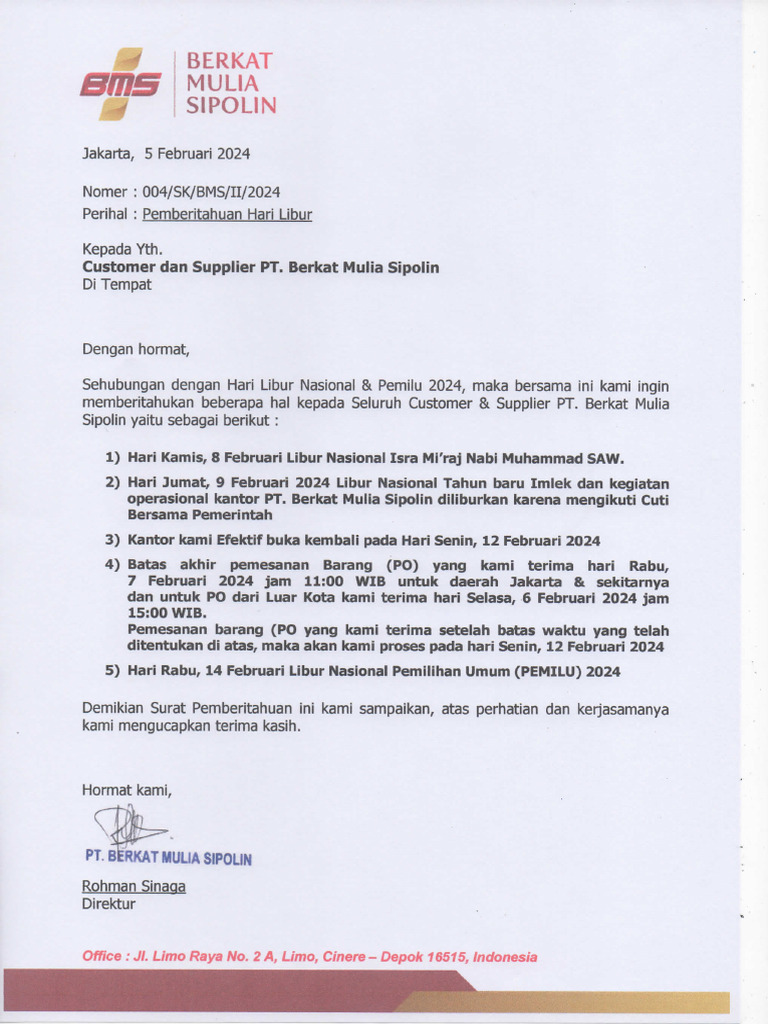 Surat Pemberitahuan Libur Pt. Bms | PDF