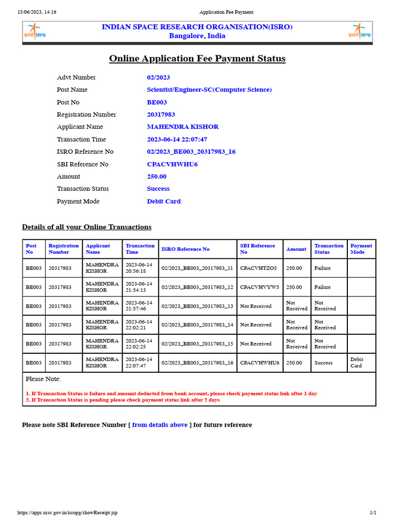ISRO Application Fee Payment | PDF | Debit Card | Payments