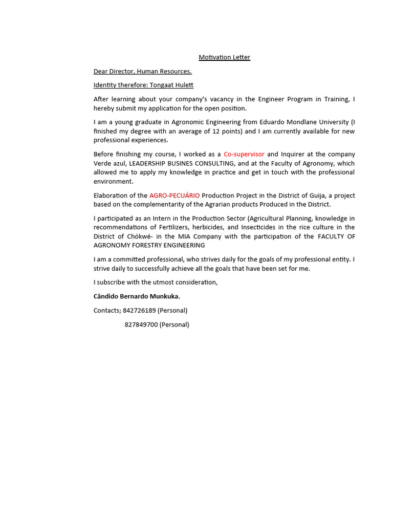 Agronomic Engineering Motivation Letter | PDF