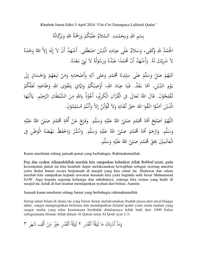 Khutbah Jumat Edisi 5 April 2024 Ciri Ciri Datangnya Lailatul Qadar | PDF