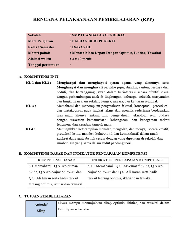 Kelas 9 Kerangka Rpp Smp | PDF